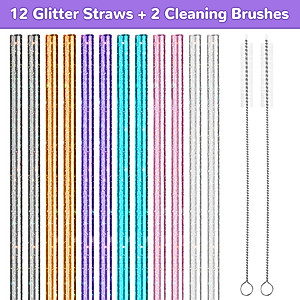 NiHome 40oz Straws, 12 Pack Glitter Plastic Replacement Straws for Stanley 40 oz Tumbler, 0.32’’ Diameter Reusable Straws 12’’ Long with 2 Brushes - Durable PETG, BPA-Free, w/Laser-Induced Sparkle