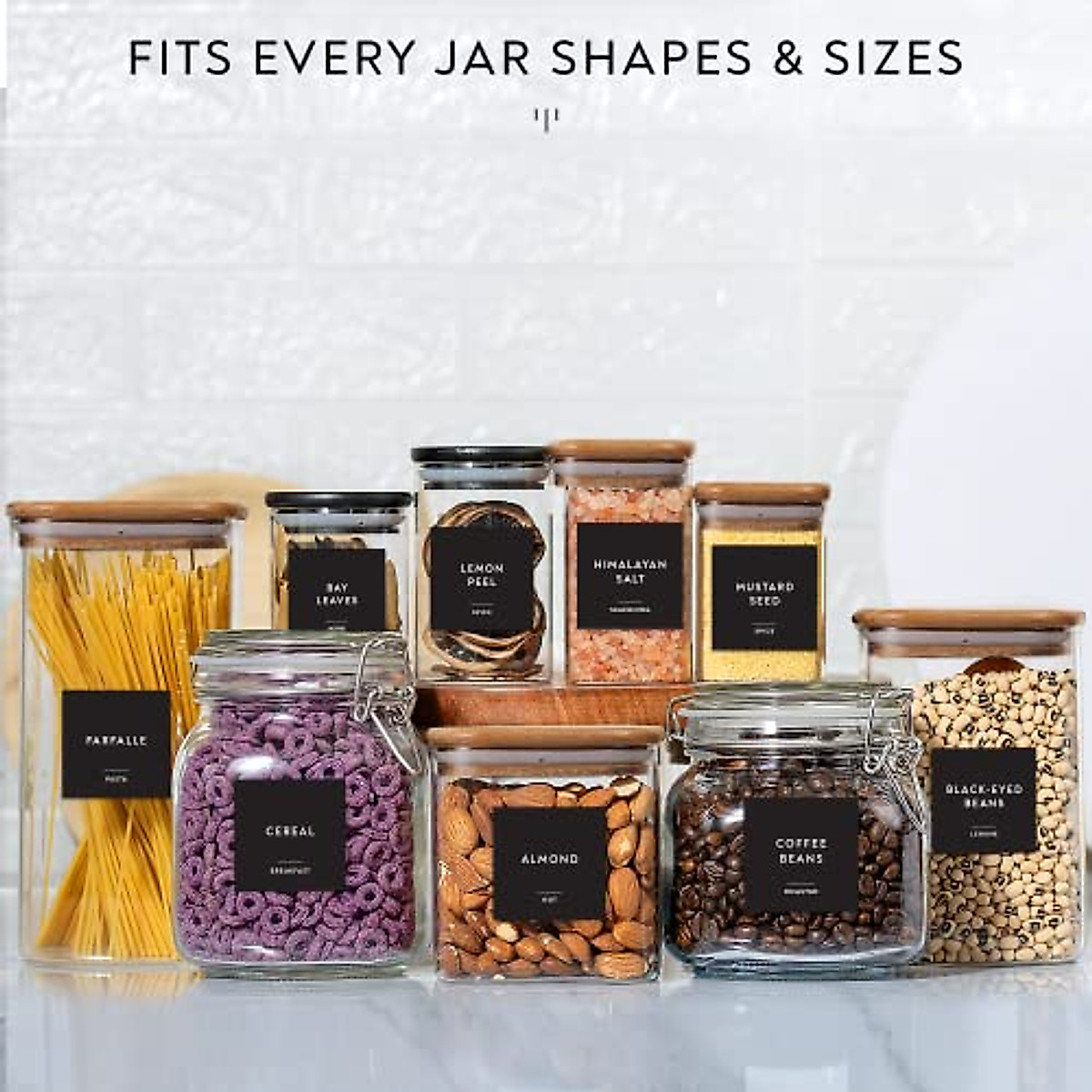 263 Minimalist Pantry Label Set, White Text on Black Vinyl Waterproof Label Sticker with Removable Adhesive - Fits on round, square and rectangle glass jars - Organize Baking, Grains, Beans and Snacks