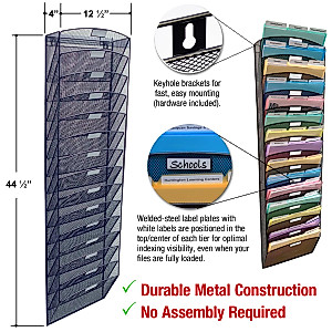 Ultimate Office Mesh Wall File Organizer, 15 Tier Vertical Mount Hanging File Sorter. Multipurpose Display Rack Includes 18, 3rd Cut PocketFile Clear Document Folder Project Pockets (Black)