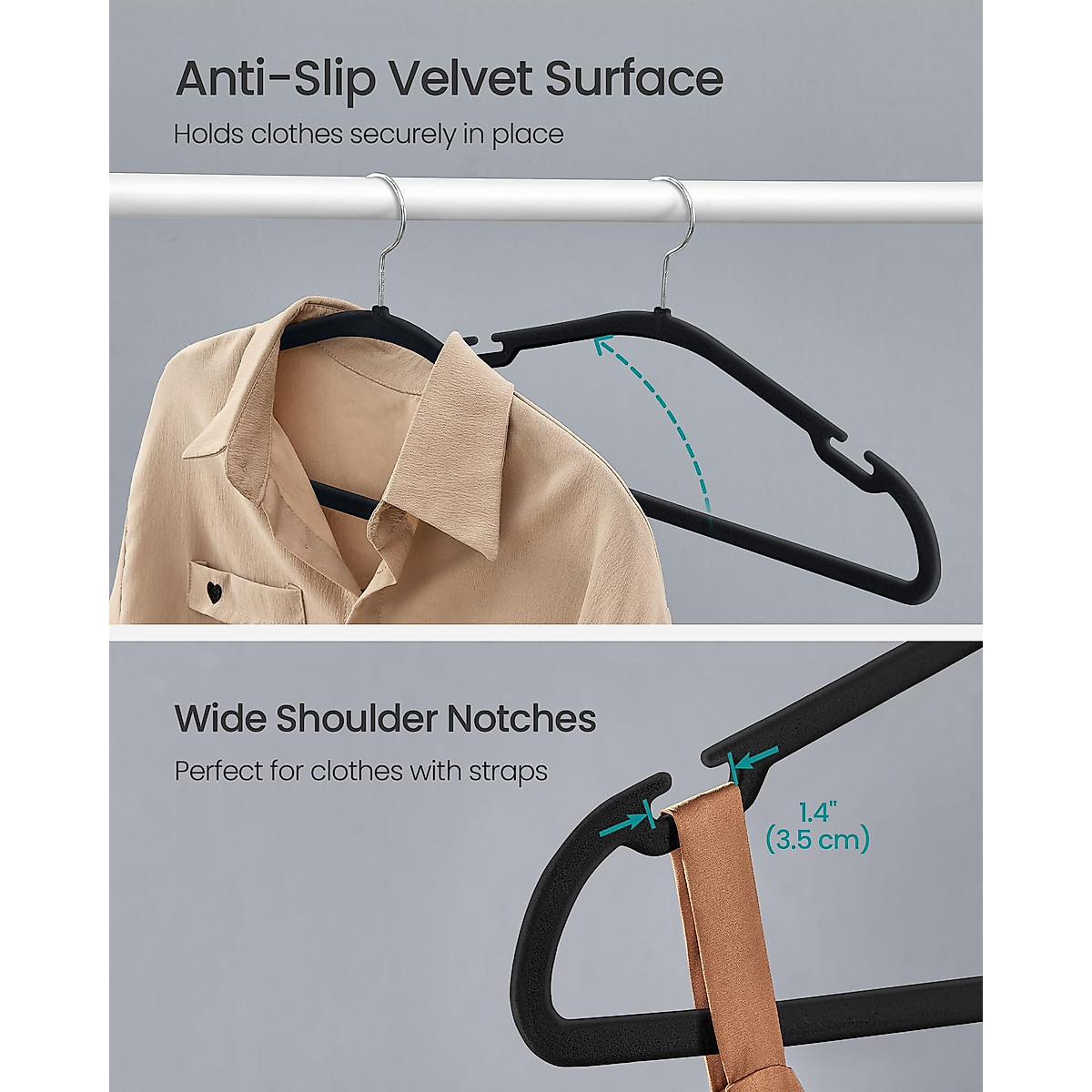 SONGMICS Velvet Hangers 50 Pack, Non-Slip Clothes Hangers, 17 x 8.3 Inches, Coat Hangers with Wide Shoulder Notches, Pants Bar, 360° Swivel Hook, Space-Saving, for Closet, Ink Black UCRF039B03