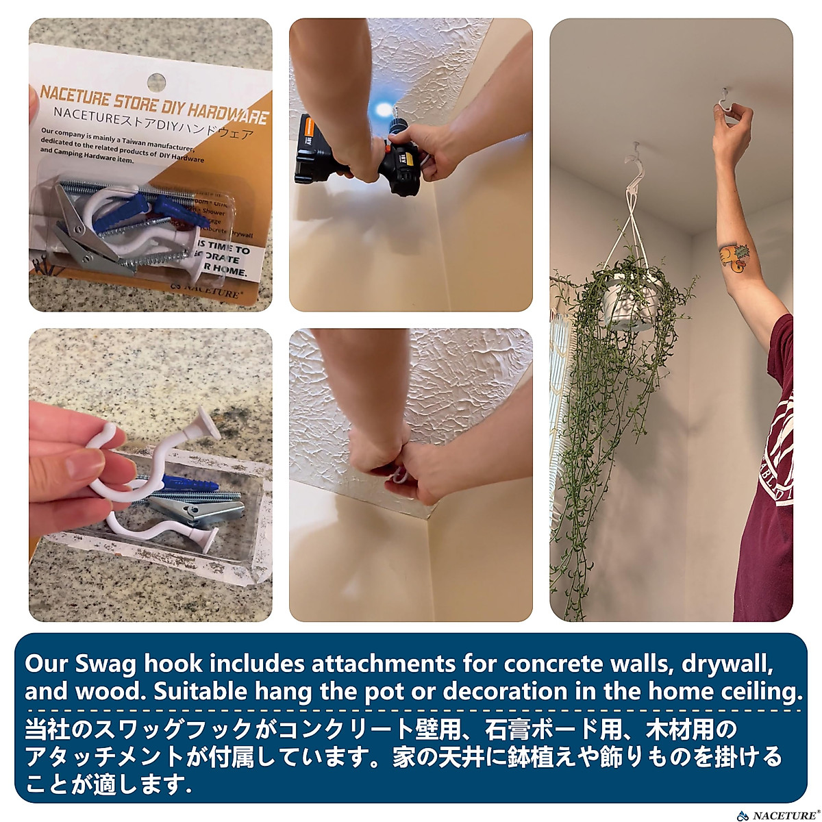 NACETURE Large Swag Ceiling Hooks for Hanging Plants - Heavy Duty Ceiling Hangers, Chandelier Hook Ceiling Installation for Cavity Wall Fixing(Black 2 Pack)