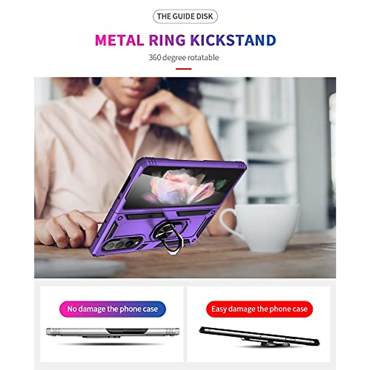 SunStory Galaxy Z Fold 3 Case, Military Grade Purple Bumper with Magnetic Kickstand, Shock-Absorbent for Samsung Z Fold 3 5G 2021