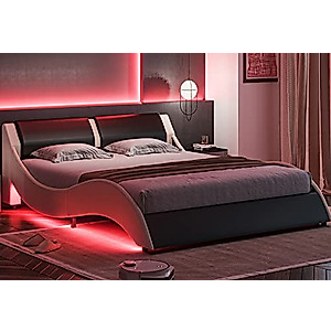 Led Bed Frame Queen Size Modern Upholstered Platform Bed Frame with LED Lights Faux PU Leather Wave Like Low Profile Platform Bed Frame with Headboard, Wooden Slats, No Box Spring Needed, Black+White