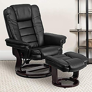 Flash Furniture Contemporary Multi-Position Recliner with Horizontal Stitching and Ottoman with Swivel Mahogany Wood Base in Black LeatherSoft