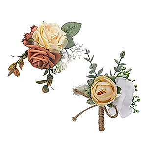 Wrist Corsage and Boutonniere Set, Artificial Champagne Rose Corsage Wristlet and Men's Boutonniere for Wedding Prom Party Homecoming Ceremony Anniversary(1Boutonniere+1Wrist Corsage)