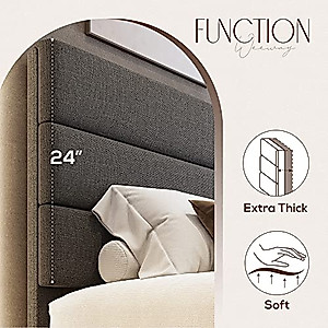 WEEWAY Full Size Bed Frame Platform Bed with Linen Fabric Upholstered Headboard and Wooden Slats Support, Heavy Duty Mattress Foundation, No Box Spring Needed, Easy Assembly, Dark Grey