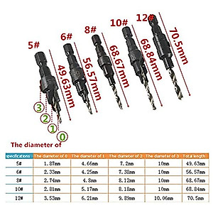Y-imoi Drill Bit Set 5 Pieces Countersink Drill Bit Set Adjustable Countersink Bit Professional Drill Bits for Metal, Woodworking, Aluminum, Plastic Premium High Speed Steel Bit for Power Tools