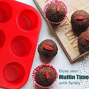 Silicone Muffin Pan, European LFGB Silicone Cupcake Baking Pan, 6 Cup Muffin, Non-Stick Muffin Tray, Egg Muffin Pan, Food Grade Muffin Molds, BPA Free Muffin Tins Red