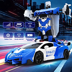DEERC Transform Remote Control Car,2.4GHz Robot RC Cars,1:18 Scale Police Car Toy One-Button Deformation & 360° Rotating Drifting for Kids Boys Age 4-7 8-12 Birthday Xmas Gift