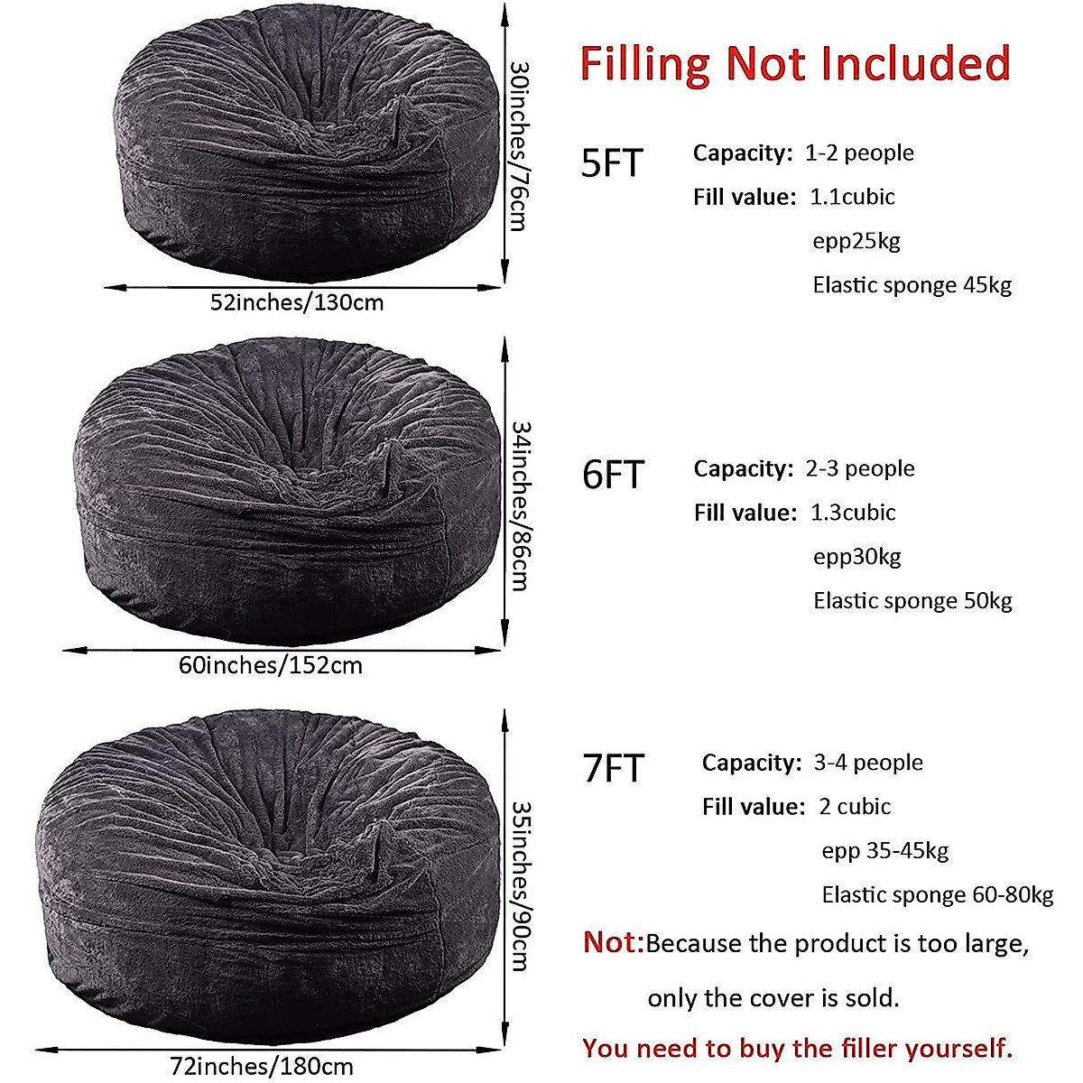 Bean Bag,Giant Fur Bean Bag Chair Cover for Adults Kids (Without Filling) Comfy Fluffy Giant Round Beanbag Lazy Sofa Cover for Reading Chair Floor Chair Lazy Sofa Bed Cover Soft Fluffy Faux BeanBag