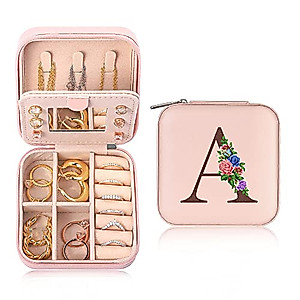 Yesteel Travel Jewelry Case Jewelry Box Jewelry Organizer, Travel Essentials Travel Accessories for Women, Ring Necklace Earring Jewelry Holder Organizer Box with Mirror, Birthday Gifts for Women Mom Grandma Initial A