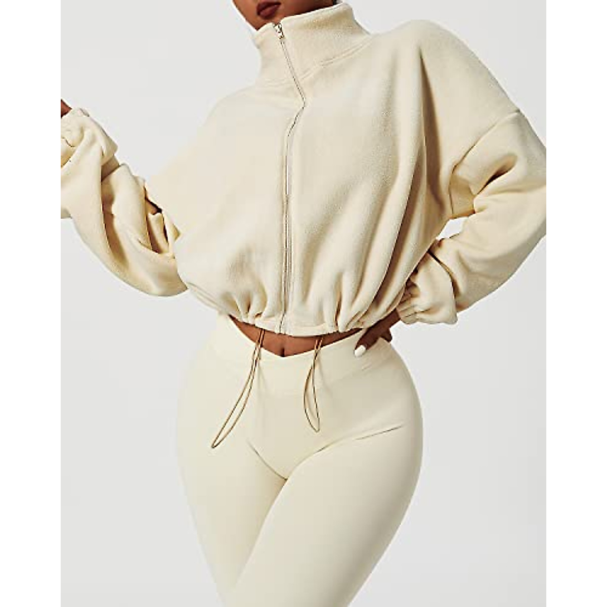 QINSEN Women's Polar Fleece Bomber Jacket Full Zip Stand Collar Short Coat Cozy Winter Warm Outwear Beige S