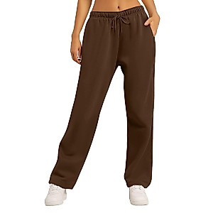 AUTOMET Women's Wide Leg Sweatpants Fleece Lined Baggy Straight Leg Lounge Pants Fall Outfits Athletic Joggers with Pockets Brown L