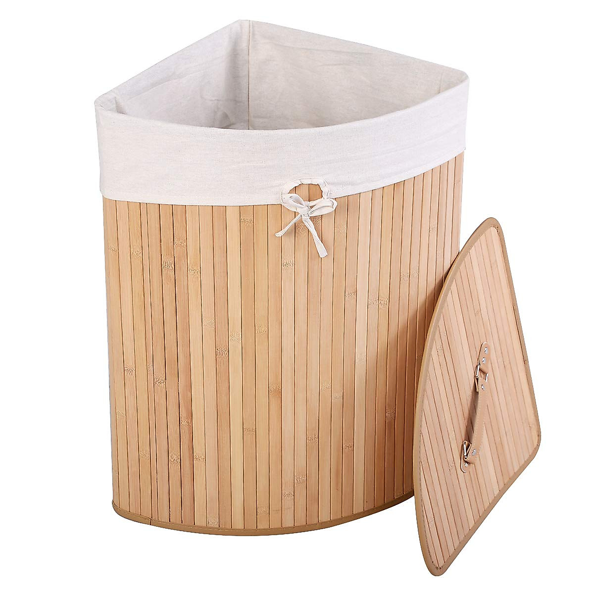 GOFLAME Corner Bamboo Laundry Hamper with Lid and Removable Liner, Washing Clothes Basket Storage Bin with Handle, Suitable for Bedroom, Bathroom, Laundry (Natural)
