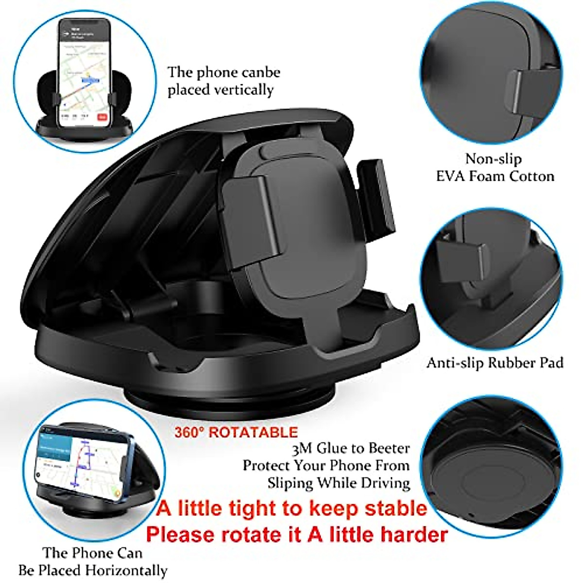 Cell Phone Holder for Car, Upgraded 360° Rotatable Phone Mount for Dashboard, Horizontal & Vertical Viewing Friendly Phone Car Mount, Compatible with iPhone Samsung Android Smartphones GPS Devices
