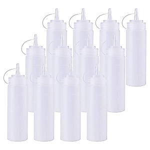 Bekith 8 oz Plastic Squeeze Condiment Bottle, 12 Pack Multipurpose Squirt Bottles with Twist On Cap Lids and Discrete Measurements for Sauce, Ketchup, BBQ, Dressing, Paint, Workshop, Pancake Art Dispenser