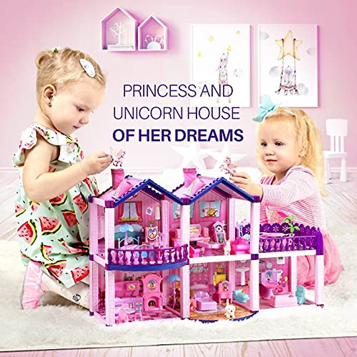TOMLEON Dollhouse w/ Princesses, 4 Unicorns and Dog Dolls - Pink / Purple Dream House Toy for Little Girls - 4 Rooms w/ Garden, Furniture and Accessories - Girls Ages 3 - 6 (4 Princesses)
