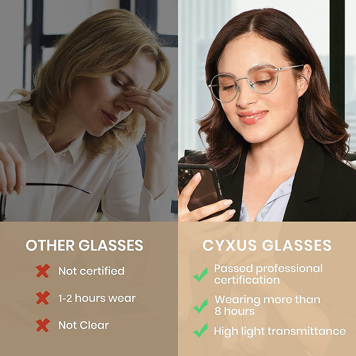 Cyxus Blue Light Glasses for Women Men Round UV Blocking Computer Glasses Clear Lens Metal Large Frame Eyewear Ultra Light Relieve Digital Screen Eye Strain, Headache