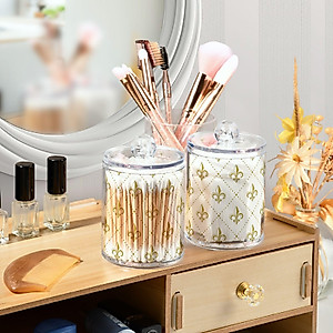 susiyo 4 Pack Golden Fleur De Lis Plastic Apothecary Jar Containers Qtip Holder Dispenser Bathroom Vanity Storage Organizer Canister for Cotton Balls, Swabs, Makeup Sponges, Bath Salts, Hair Clips