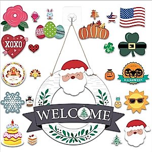 Welcome Sign for Front Door Decor Openwork Interchangeable Sign for Fall Decor and Farmhouse Decor with 12 pairs of Interchangeable Seasonal Holiday Icons,Suitable for