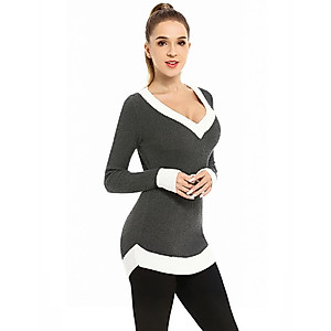 AmélieBoutik Women Cotton Blend V Neck Color Block Long Sleeve Curve Hem Sweater (Gray and Ivory White Medium)