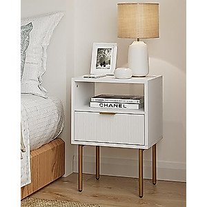 AEPOALUA Nightstand,Small Bedside Table with Gold Frame,White Night Stand,Bedside Furniture,Side Table with Drawer and Shelf for Bedroom,Living Room