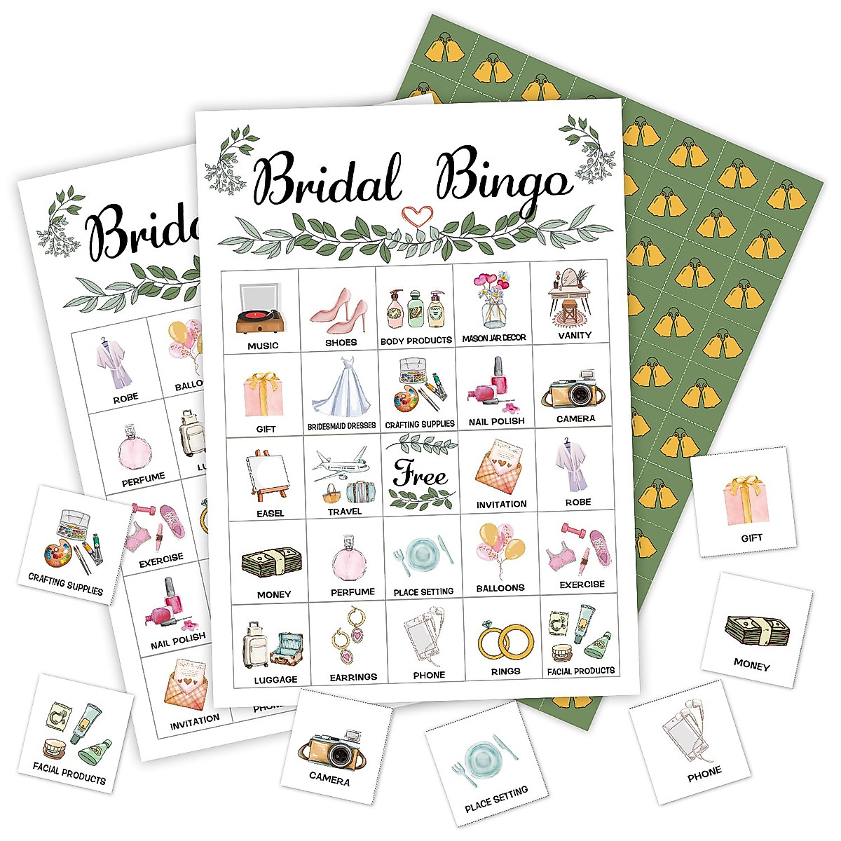 Ziyouza Greenery Bridal Bingo - Bridal Shower Games, 24 Players Bingo Games for Wedding Party, Engagement Bachelorette Tea Party, Greenery Bridal Shower Party Bingo Game -01