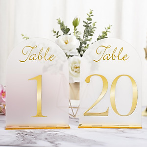 RoyalDecor's Frosted Arched Acrylic Table Numbers 1-20 with Gold Mirror Number and Stands - Perfect Wedding Table Decorations Accessories - Small Number Stand Centerpieces for Reception Tables - 5x7