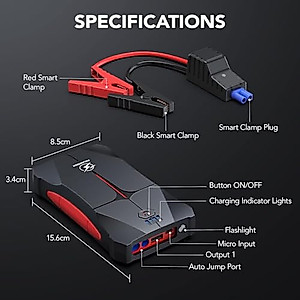 FLYLINKTECH Car Jump Starter 2500A 12V Smart Auto Battery Booster Pack(for uo to 8.0L Gas & 6.5L Diesel), Portable Power Bank, 19.6'' Safe Jumper Cable, LED Flashlight, EC5 Car Cigarette Lighter