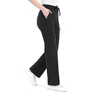QBK Yoga Scrub Pants Women Mid Rise Yoga Work Pants- Five Pocket Cargo Scrub Pant (Large, Black)