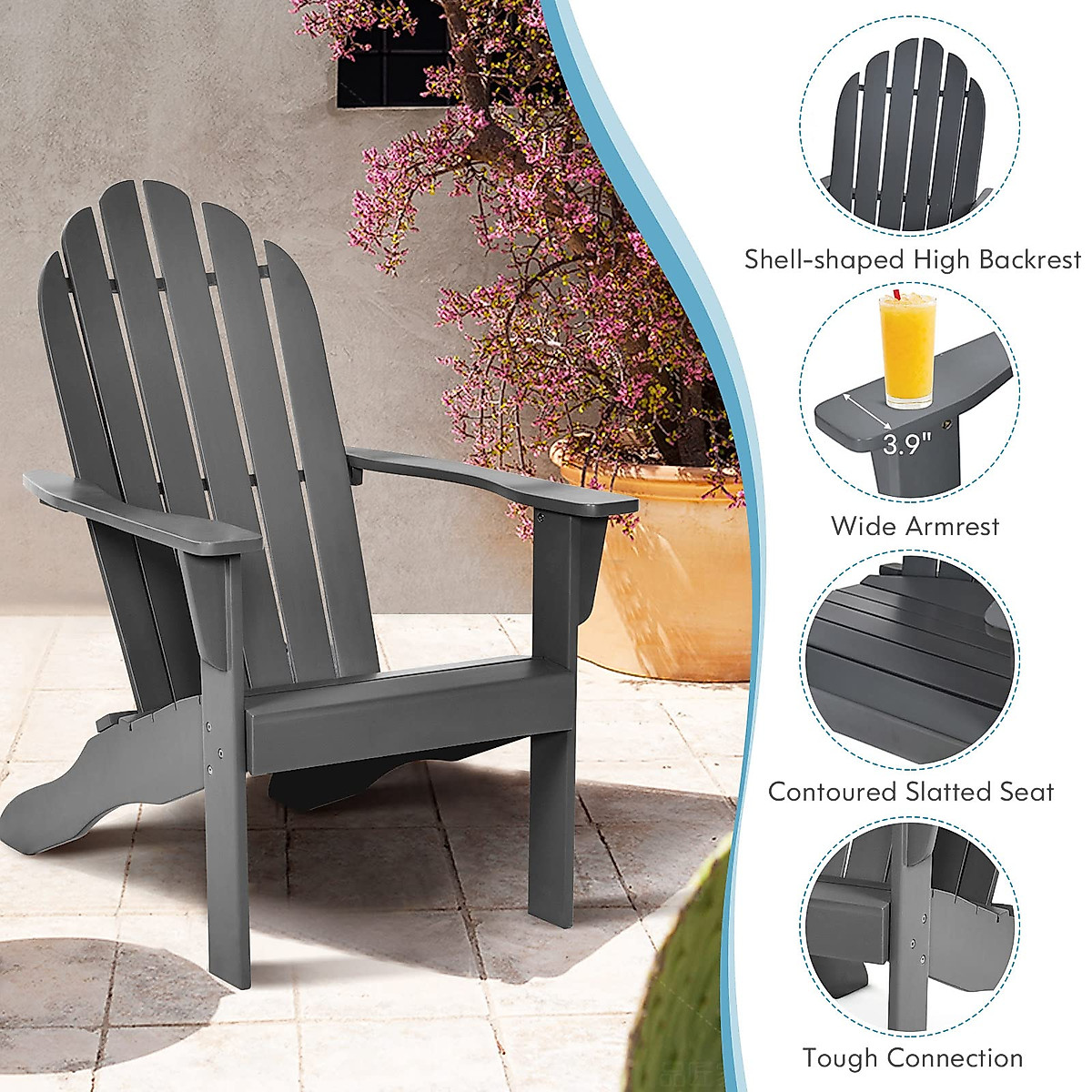 Tangkula Adirondack Chair, Acacia Wood Adirondack Lounger Chair, Outdoor Armchairs with Slatted Seating, Weather Resistant, for Patio Deck Lawn Backyard, Garden Adirondack Furniture (2, Grey)