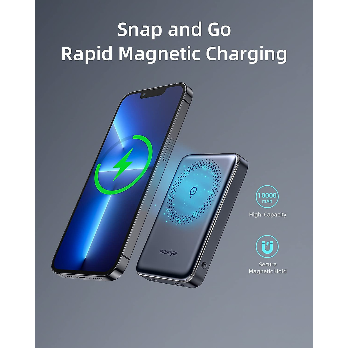 Innostyle Magnetic Wireless Power Bank, 10000mAh Magnetic iPhone Charger with USB-C Cable PD 20W Fast Charging, Wireless Portable Charger for iPhone 15/14/13/12 Plus Mini Pro Max