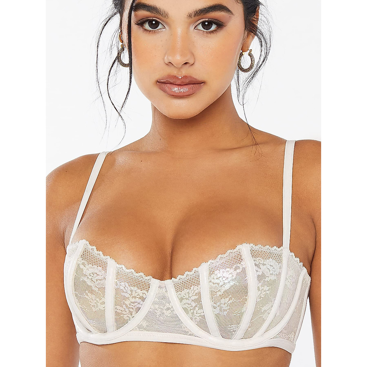 Savage X Fenty, Women's, Caged Lace Unlined Balconette Bra, Iridescent Vintage Floral Lace, 36DD