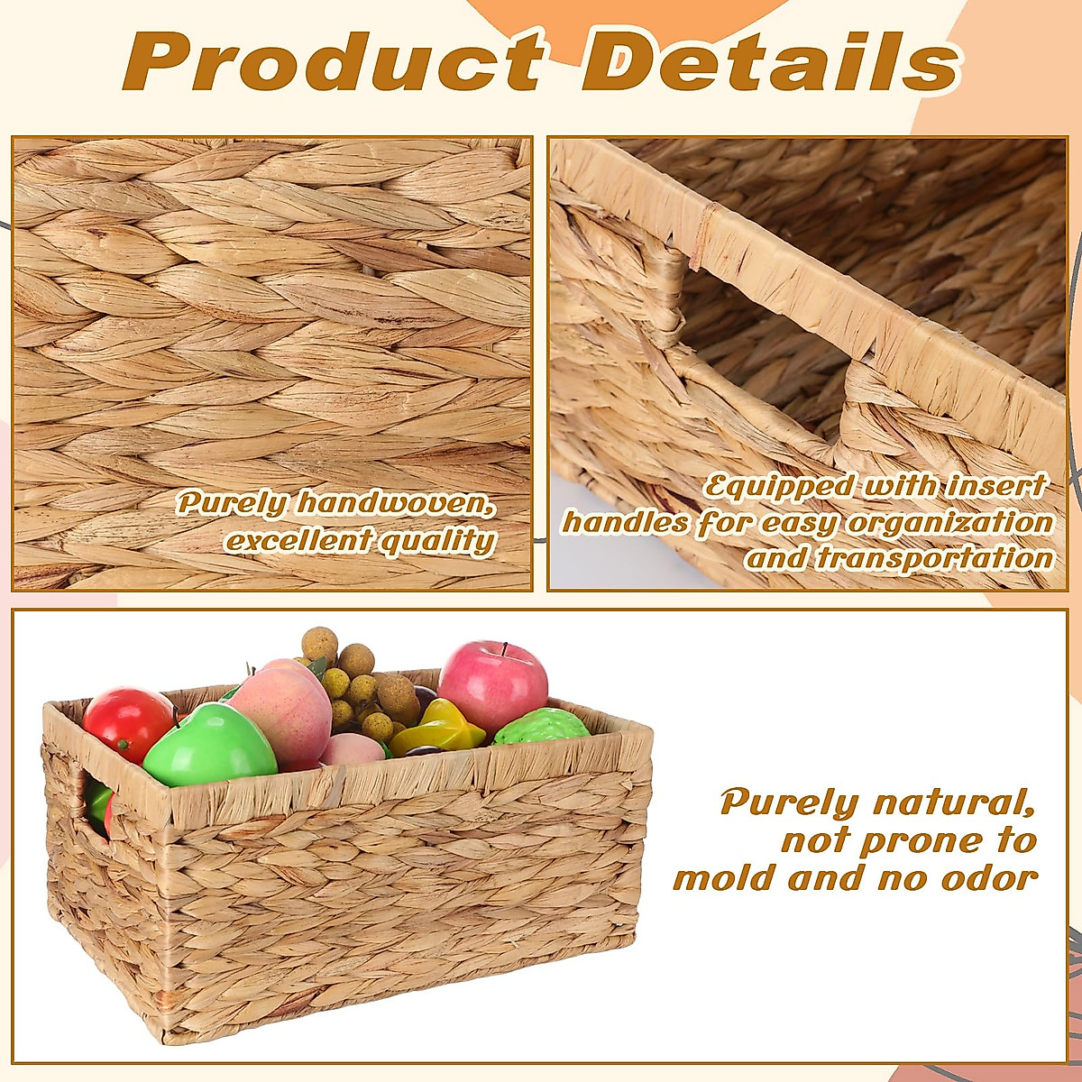 Layhit Set of 3 Wicker Storage Baskets, Water Hyacinth Wicker Storage Baskets Set, Wicker Storage Baskets for Storage, Water Hyacinth Storage Baskets for Shelves,3 Mixed Sizes