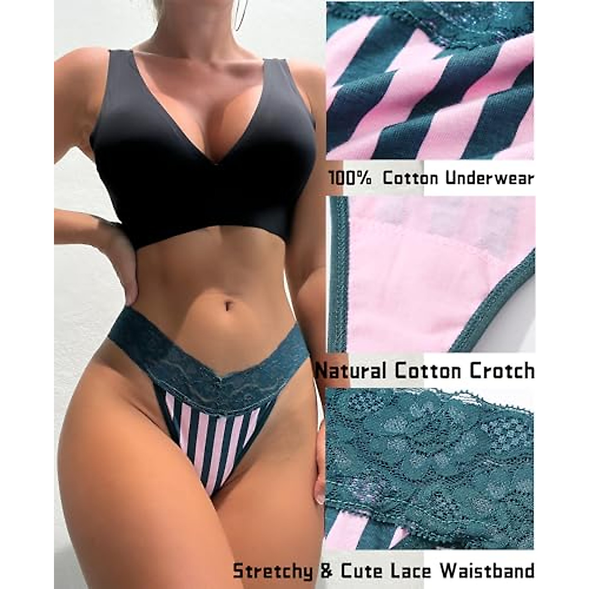 FINETOO Cotton Thongs for Women Sexy V-waist Underwear for Women Lace Waistband Panties No Show T-back Thong for Women