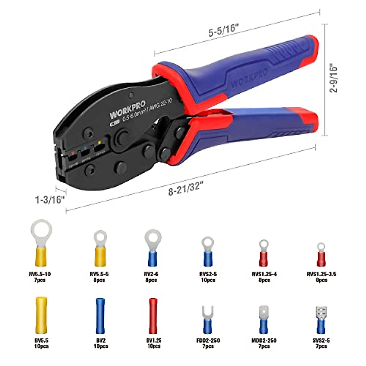WORKPRO Crimping Tool Kit, Ratcheting Insulated Terminal Crimper for 22 to 10 AWG Wire, Crimping Pliers with 100 Pieces Terminal Connectors