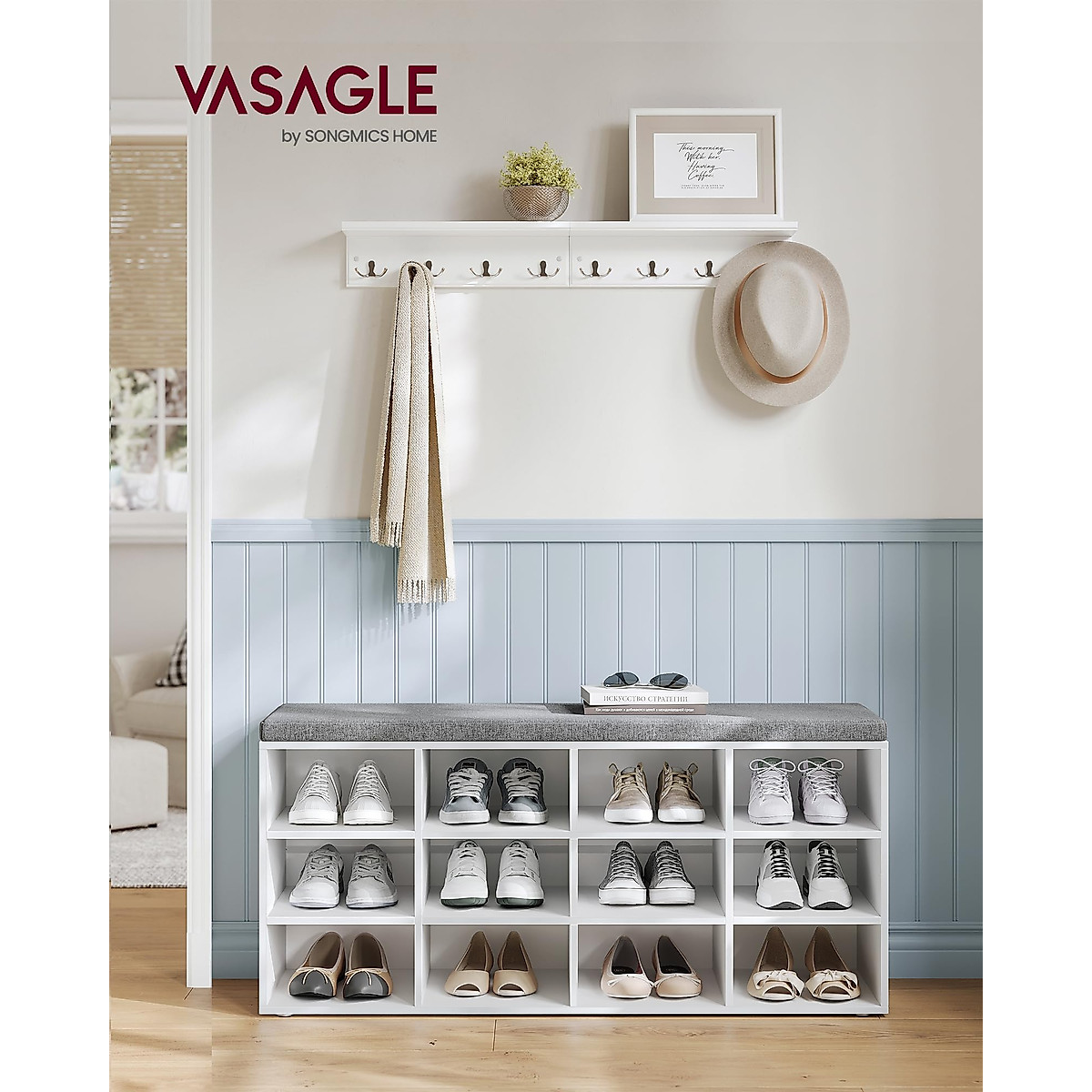 VASAGLE Shoe Bench with Cushion, Storage Bench with Padded Seat, Entryway Bench with 12 Compartments, for Bedroom, 11.9 x 40.9 x 18.9 Inches, Cloud White and Dove Gray ULHS012W14