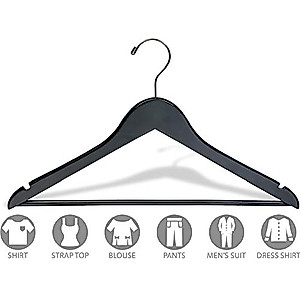 Black Rubberized Wooden Suit Hangers with Solid Wood Bar, Flat Rubber Coated Hangers with Chrome Swivel Hook & Notches (Set of 50) by The Great American Hanger Company