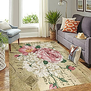 Oueoty Vintage Shabby Rose Flower Floral Area Rug Rugs for Living Room Bedroom 1.5x2.5ft/18x30in/45x75cm
