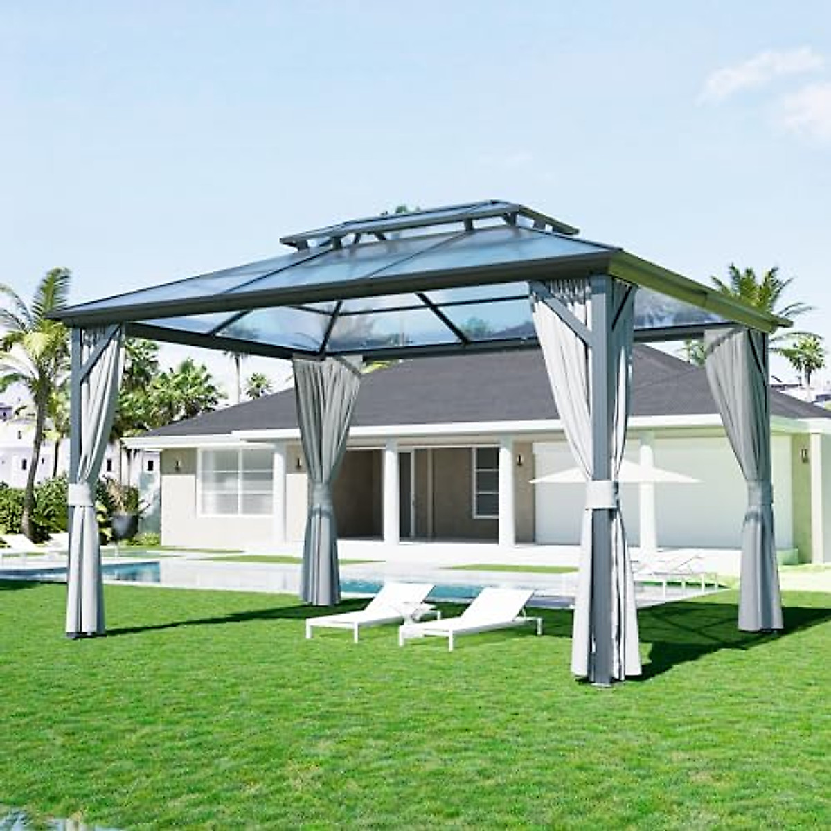 Joyside 10x13 ft Outdoor Hardtop Gazebo with Double-Tier Polycarbonate Roof, Aluminum Frame Gazebo with Netting and Curtain Included, Suitable for Lawn Backyard Patio