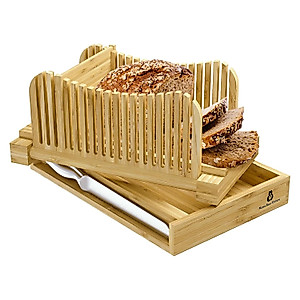 Mama Bear Kitchens Bamboo Bread Slicer with Knife - Adjustable & Durable Bread Loaf Slicer with Crumb Tray & Foldable Bread Cutter Guide - Easy to Clean & Store Bread Slicer for Homemade Bread