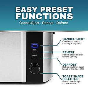 Elite Gourmet ECT-3100## Long Slot 4 Slice Toaster, Reheat, 6 Toast Settings, Defrost, Cancel Functions, Built-in Warming Rack, Extra Wide Slots for Bagels Waffles, Stainless Steel & Black