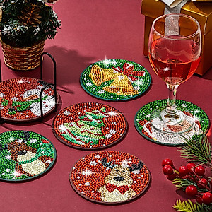 Kajaia 6 Pcs Christmas Diamond Painting Coasters, Christmas Round Diamond Painting Coasters with Holder Xmas Christmas Diamond Art Kits for Beginner Adults Kids Christmas Table Decor Supplies
