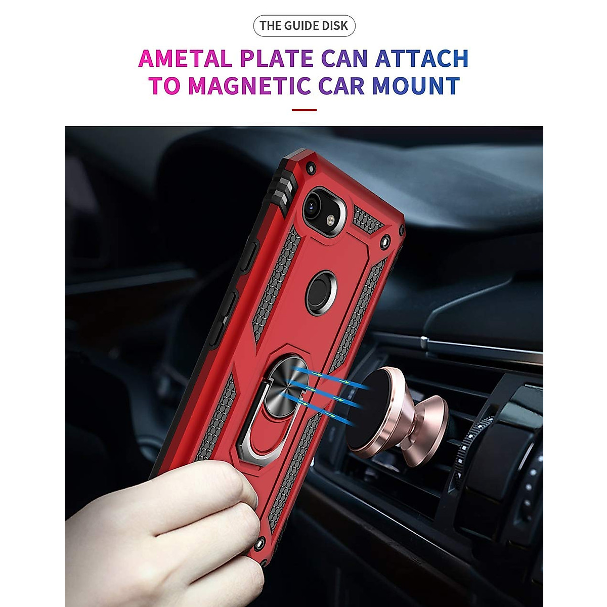 Military Grade Drop Impact for Google Pixel 3A XL Case 360 Metal Rotating Ring Kickstand Holder Magnetic Car Mount Armor Shockproof Case for Google Pixel 3A XL Phone Protection Case (Red)
