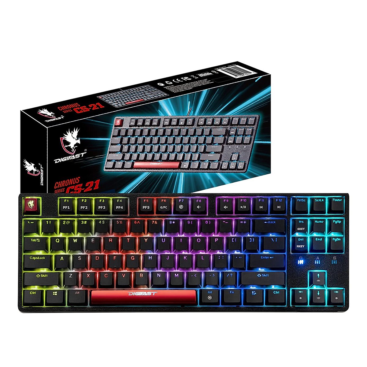Digifast CS-21 Mechanical Gaming Keyboard - RGB Backlit Gaming Keyboard - Tenkeyless TKL Gaming Chronus Series Keyboard with Cherry MX Switches (Red Axis)