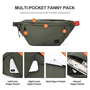 Large Crossbody Fanny Pack for Women Men,Waterproof Waist Bag Pack with Adjustable Strap & 5-Zipper Pockets,Green