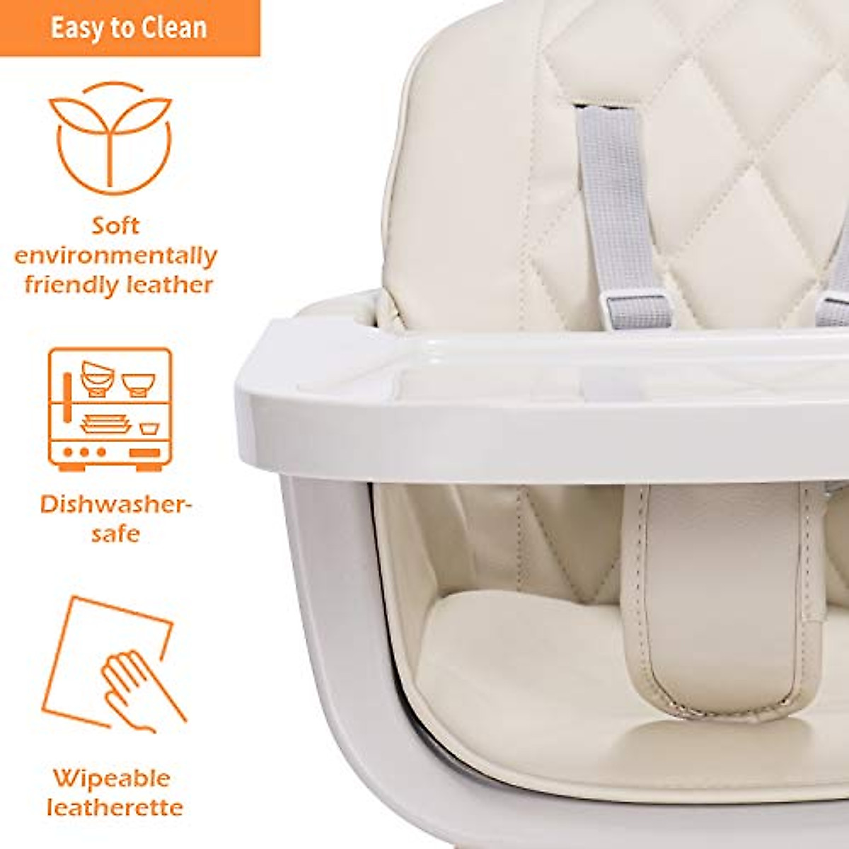 3-in-1 Convertible Wooden High Chair,Baby High Chair with Adjustable Legs & Dishwasher Safe Tray, Made of Sleek Hardwood & Premium Leatherette,Cream Color