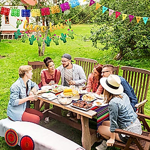 39 Pcs Taco Bar Decorations Fiesta Party Set Serape Table Runner Taco Bar Cactus Banner Garland Fiesta Paper Fan Mexicano Picado Banner Party Decor for Mexican Cinco De Mayo Party Supplies(Purple)