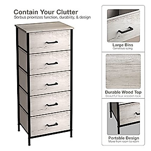 Sorbus Tall Fabric Storage Dresser - Stand Up Tower of 5 Drawers with Steel Frame, Wood Top, & Faux Wood Fabric - Great for Bedroom, Dorm, Closet, Living Room, Entryway - Narrow Nightstand Organizer