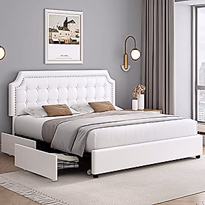 Keyluv Upholstered Queen Bed Frame with 4 Storage Drawers, Platform Bed with Curved Button Tufted Headboard with Nailhead Trim, Solid Wooden Slats Support, No Box Spring Needed, Off White
